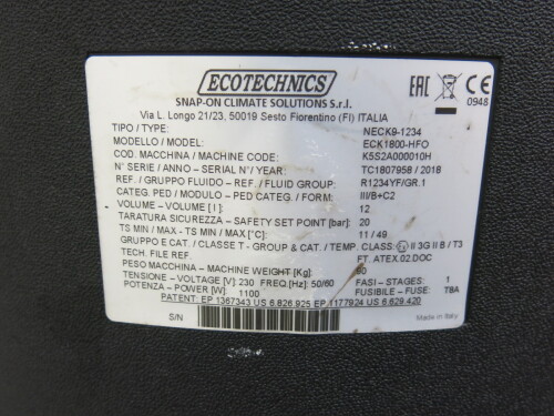Snap-On Climate Solutions, Ecotechnics ECK1800 Air Conditioning Machine ...