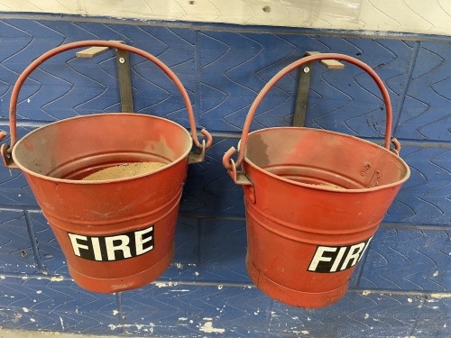 6 x Assorted Red Vintage Fire Hanging Sand Buckets.