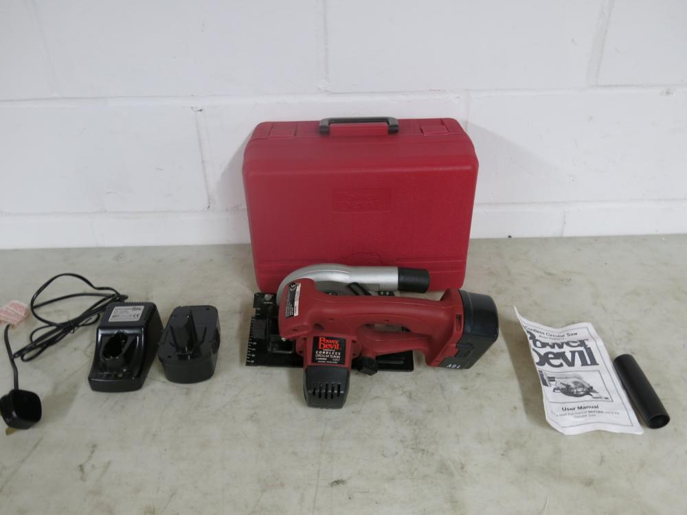 Power Devil Cordless Circular Saw Model PDW5018. Comes with 18v NI CD Battery Pack Charger User Manual 2 New Blades. Appears Little Used