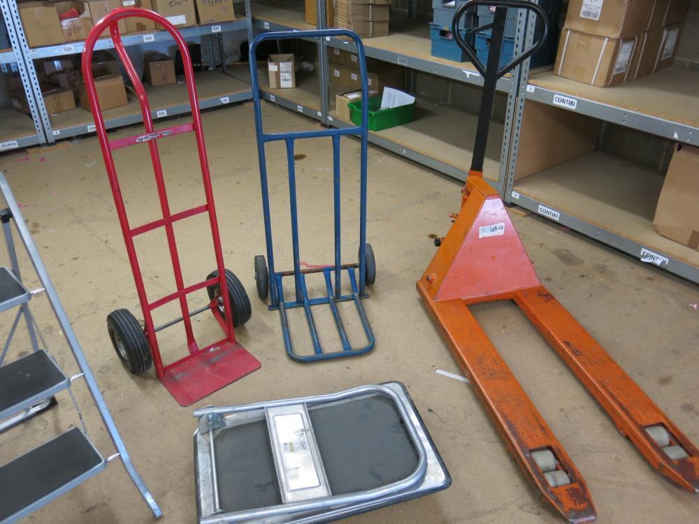 Assorted Warehouse Equipment to Include: 2000kg Pallet Truck, 2 x Sack ...