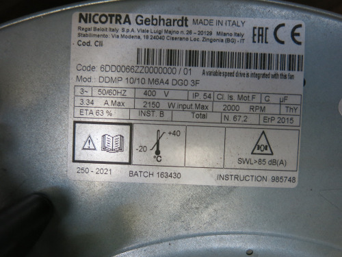 Nicotra Gebhardt Industrial Fan, Model DDMP 10/10 M6A4 DG03F, Appears ...