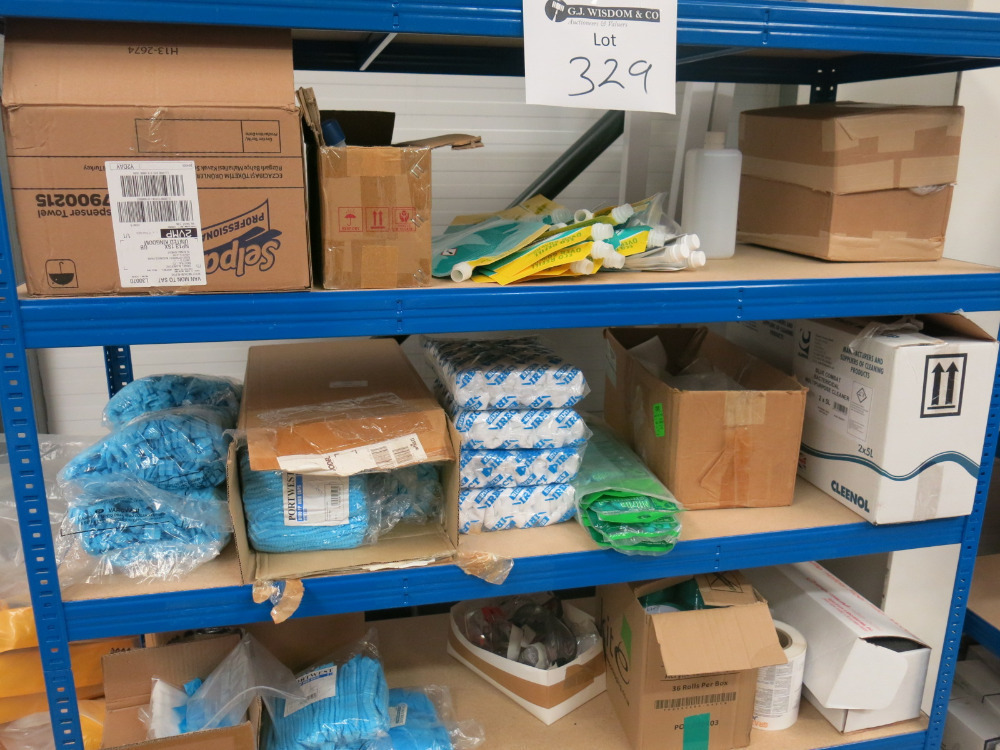3 x Shelves of Assorted Laboratory Consumables to Include: PPE, Mops ...