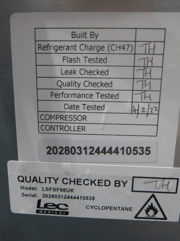 LEC Medical Model LSFSF98UK Lockable Laboratory Freezer, with Key, S/N ...