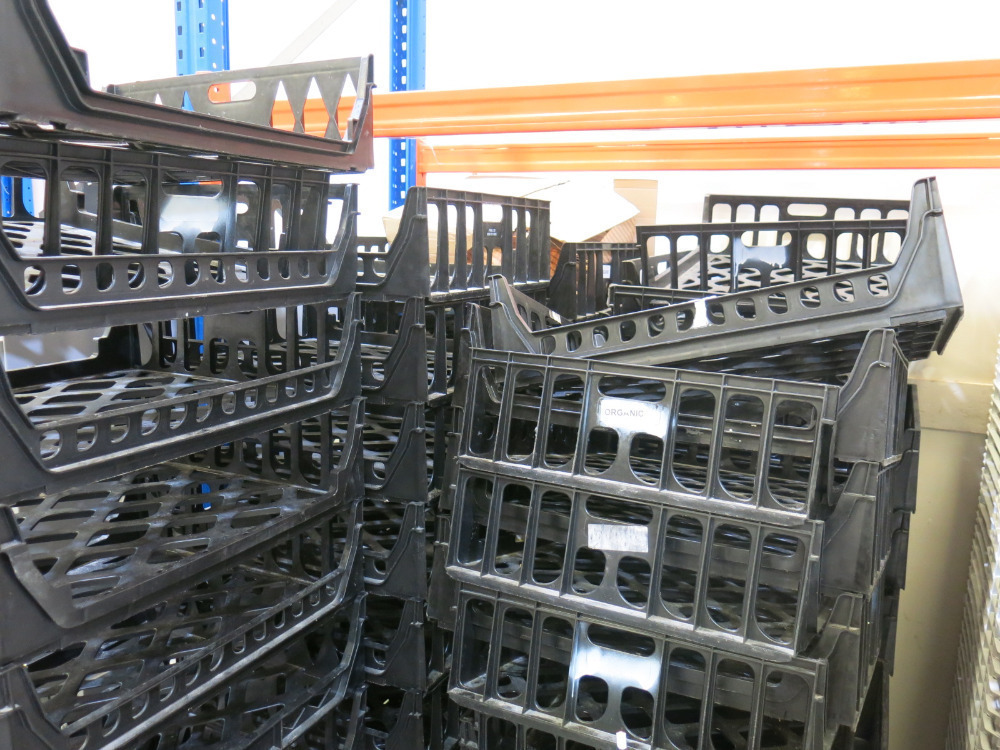 66 x Black Stackable Bakery Trays. Size H18 x W66 x D55cm.