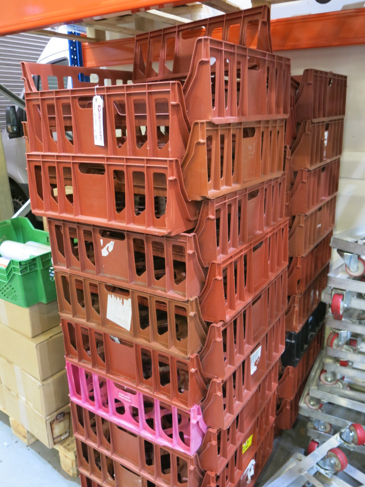 WITHDRAWN: 38 x Red Stackable Bakery Trays. Size H18 x W66 x D55cm.