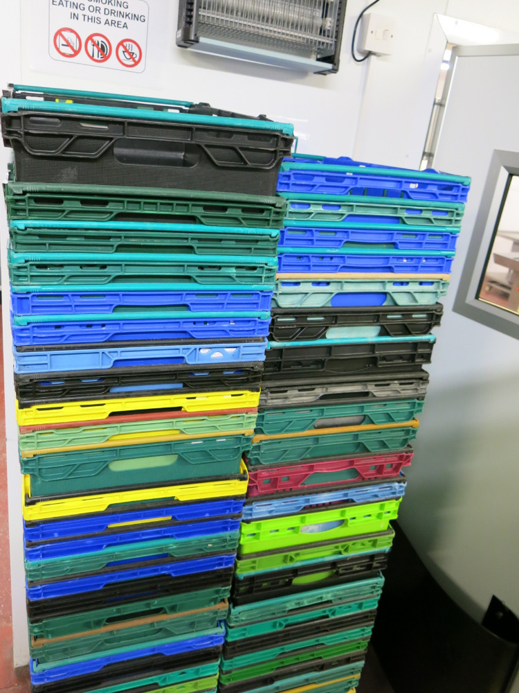 50 x Assorted Depth Hard Plastic Food Stacking Crates. Size 40 x 60cm.