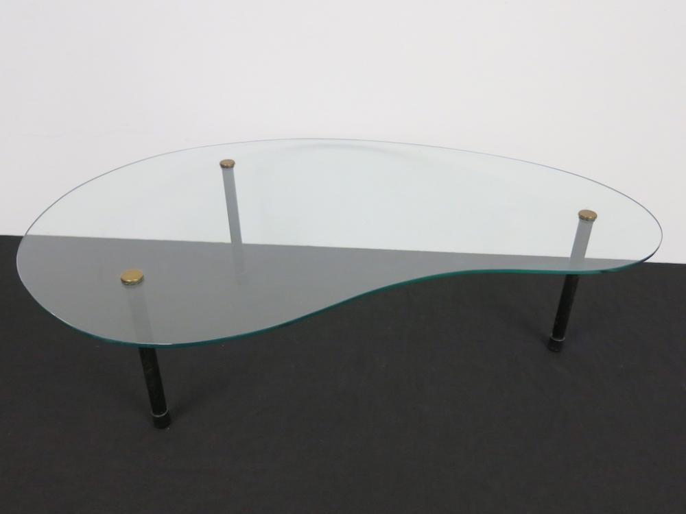 Kidney Shaped Glass Coffee Table on Black Metal Legs and Chrome Caps. Size H24cm x W84cm